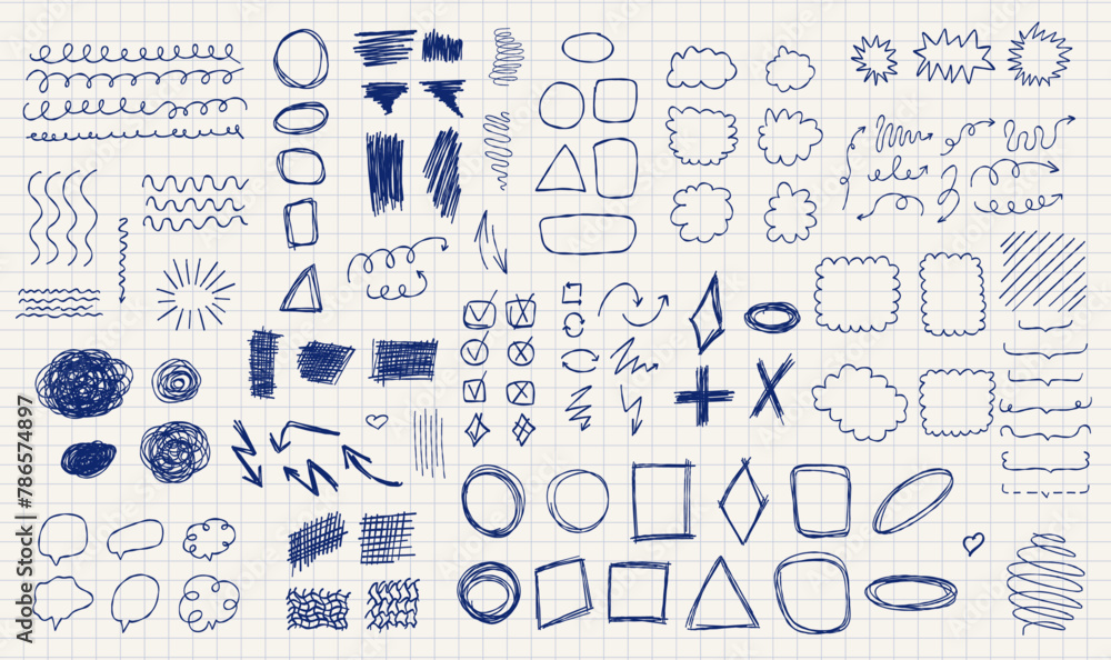 A set of hand-drawn sketches. Lines, arrows shapes, scribbles, frames ...