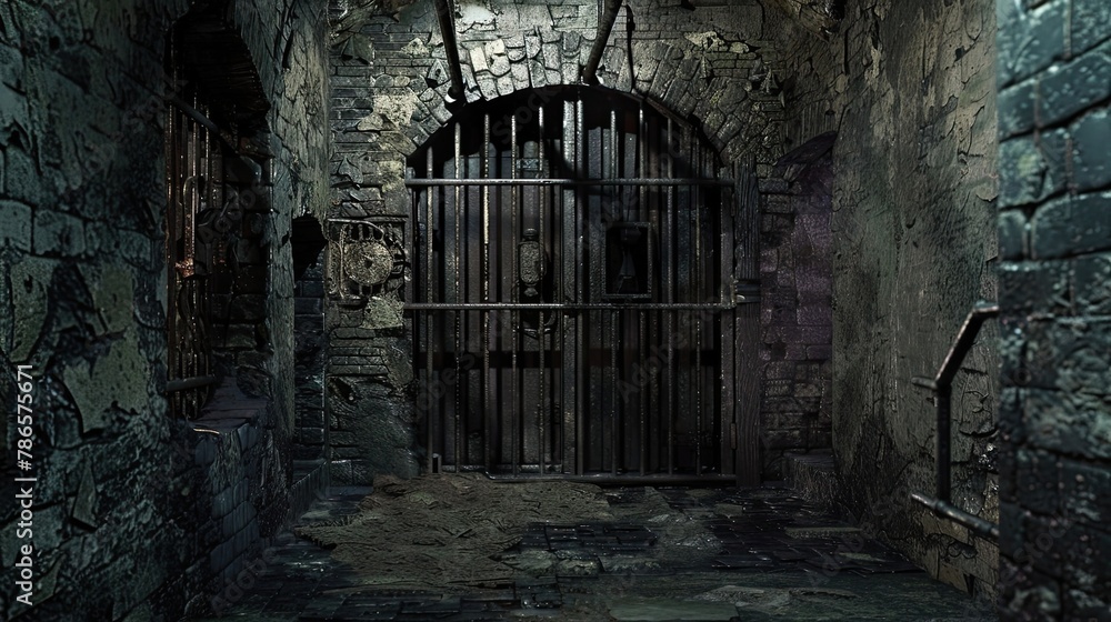 Decrepit dungeon cell with crumbling walls and an iron-bound. Gloomy ...