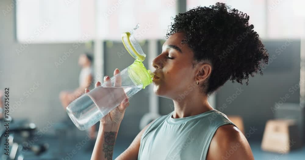 Gym, workout and water bottle for female athlete, studio and fitness ...