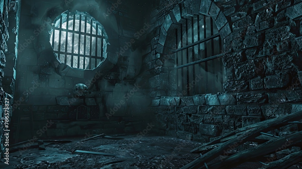 Damp and musty dungeon chamber with a barred window offering. Prison ...