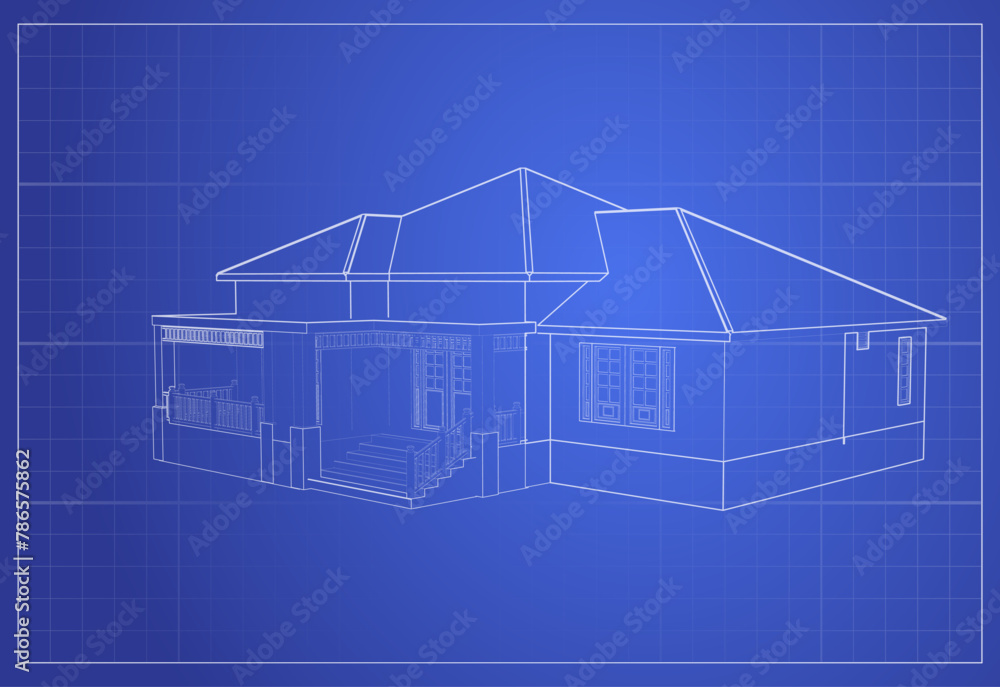 Technical drawing of a house, white lines on a blue background. Graph ...
