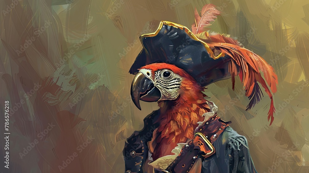 Parrot in a pirate costume, cocked hat. Mascot, man's little friend ...