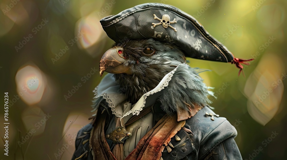 Parrot in a pirate costume, cocked hat. Mascot, man's little friend ...