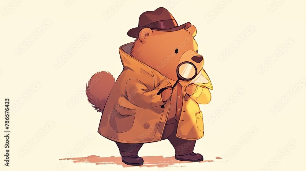 Serious detective bear in trench coat and fedora, with magnifying glass ...