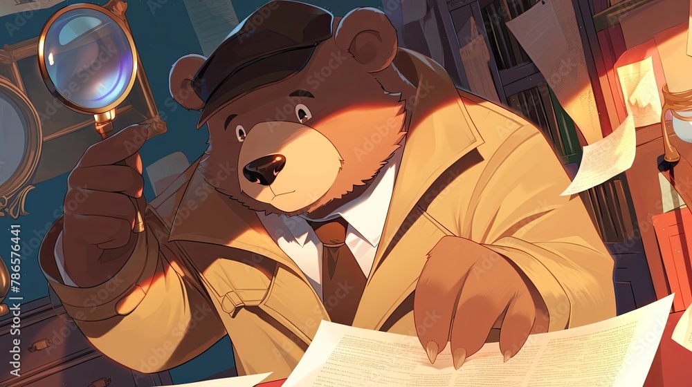 Serious detective bear in trench coat and fedora, with magnifying glass ...