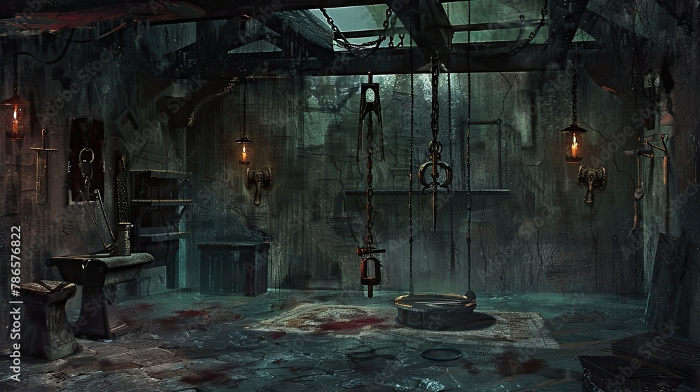 Torture chamber with an iron maiden and other gruesome device, chains ...