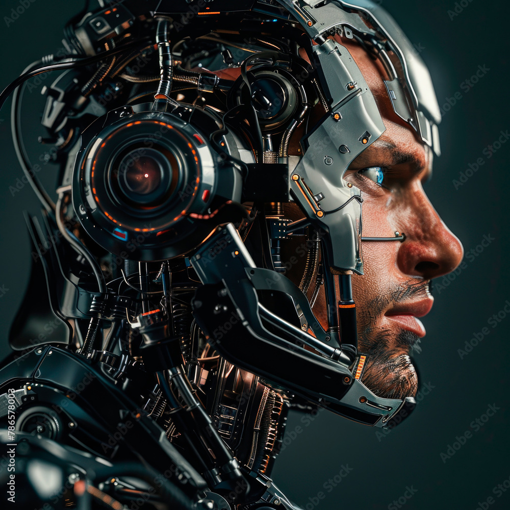 Battle robot transformer in armor with the face of a beautiful man. The ...
