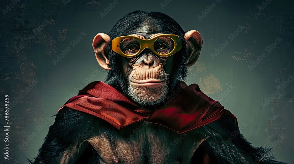 Monkey, chimpanzee in a superhero costume, cloak, glasses, wild animal ...