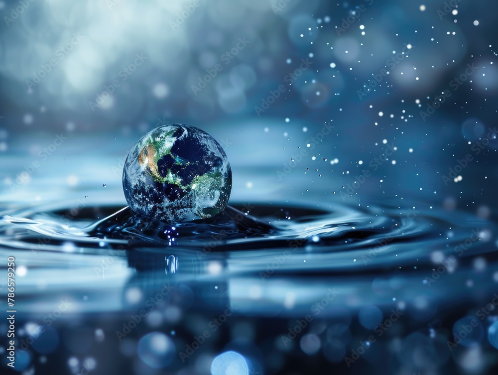 Earth encapsulated in a water droplet amidst a serene aquatic ...