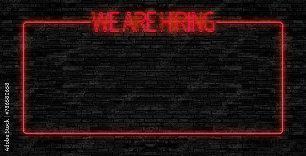 Recruitment agency neon invitation. Work greeting card. Empty purple ...