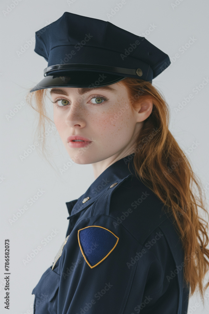 Pretty young red haired policewoman officer in blue uniform and cap ...