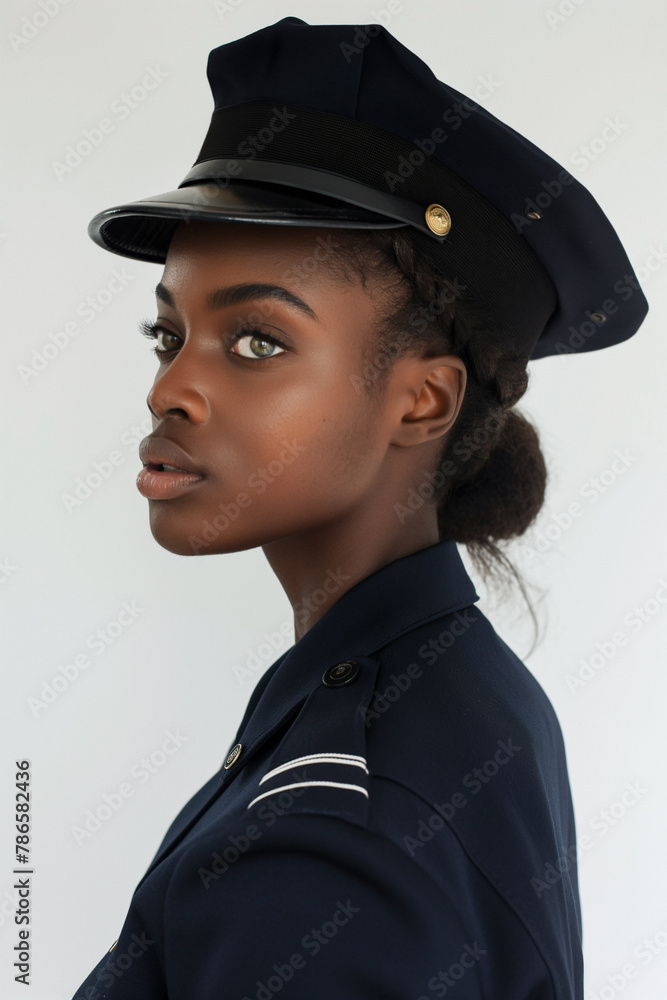 Pretty young black African american policewoman officer in blue uniform ...