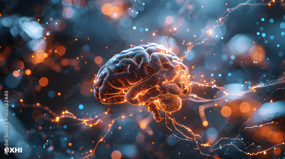 An abstract illustration of a kidney isolated on a blue dark background ...