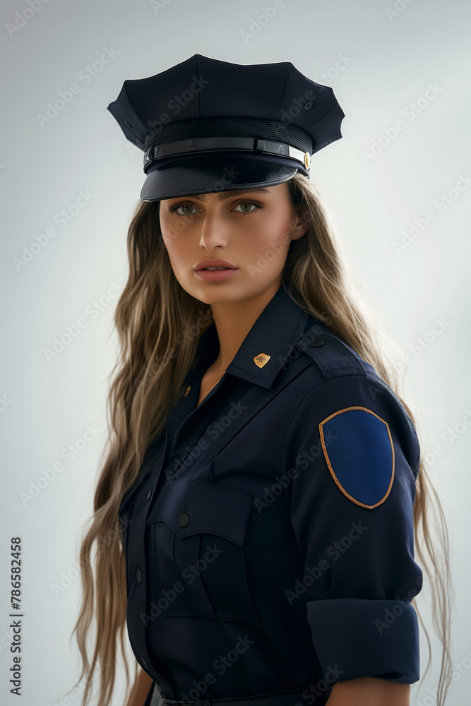 Pretty young brunette policewoman officer in blue uniform and cap ...