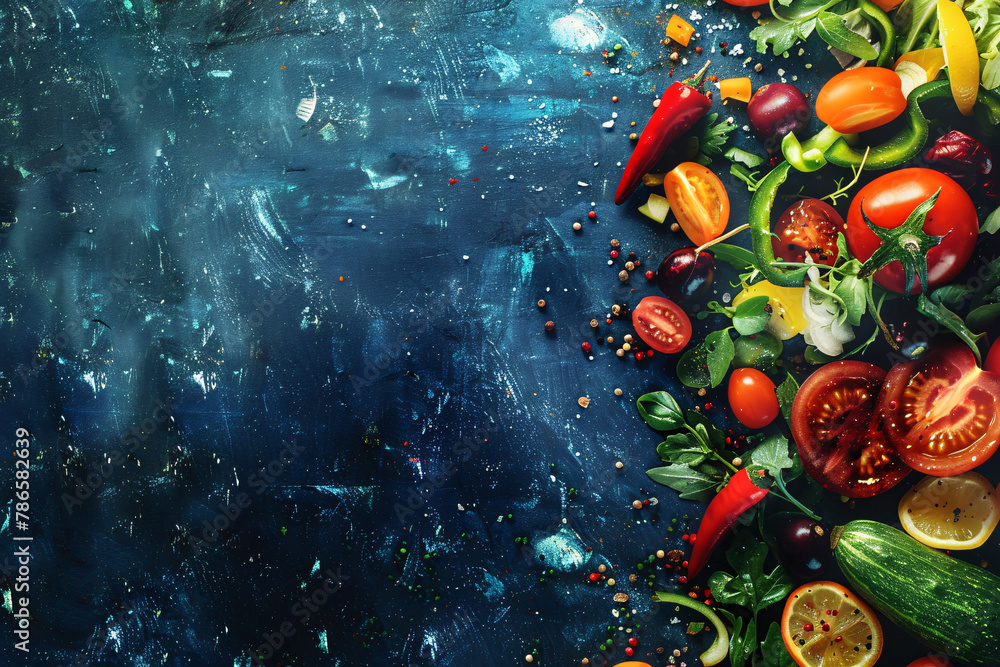 Abstract food background with ingredients such as fruits vegetables and ...