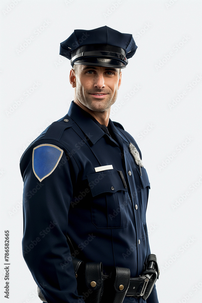 Handsome 50 year old policeman isolated against a white background ...