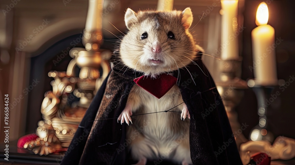 Hamster in a vampire costume. Mascot, man little friend, pet, close-up ...