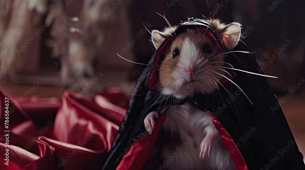 Hamster in a vampire costume. Mascot, man little friend, pet, close-up ...