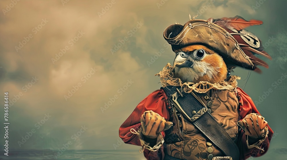 Parrot in a pirate costume, cocked hat. Mascot, man's little friend ...