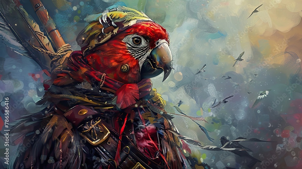 Parrot in a pirate costume, cocked hat. Mascot, man's little friend ...