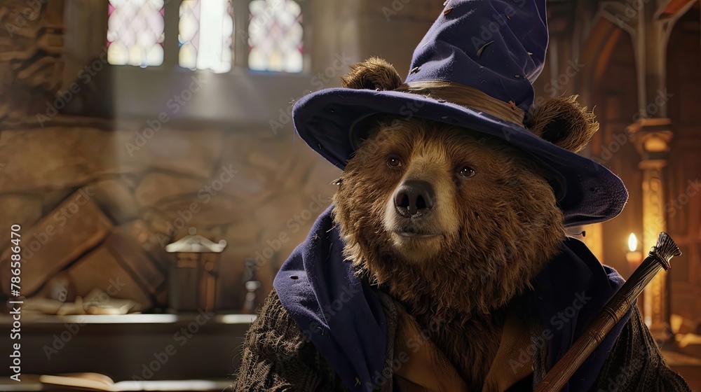Bear in a wizard costume, pointed hat. Mascot, man's little friend ...
