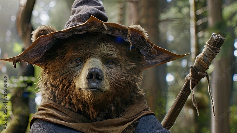 Bear in a wizard costume, pointed hat. Mascot, man's little friend ...