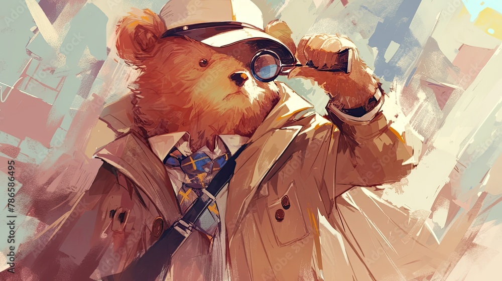 Serious detective bear in trench coat and fedora, with magnifying glass ...