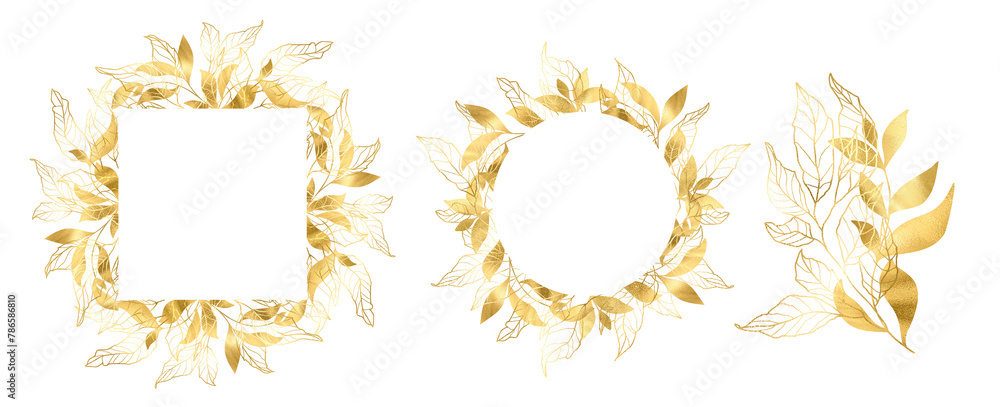 Elegant wedding gold floral frame, golden flowers botanical hand drawn ...