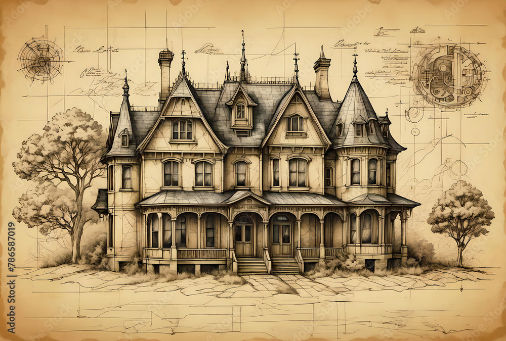 simple pencil sketch architects plan construction drawing blueprint of ...