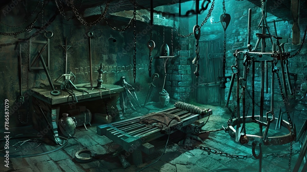 Torture chamber with an iron maiden and other gruesome device, chains ...