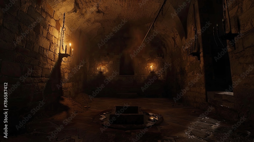Subterranean torture chamber illuminated by flickering torch. Gloomy ...