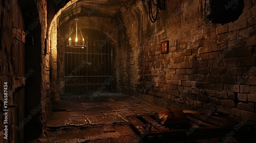 Subterranean torture chamber illuminated by flickering torch. Gloomy ...