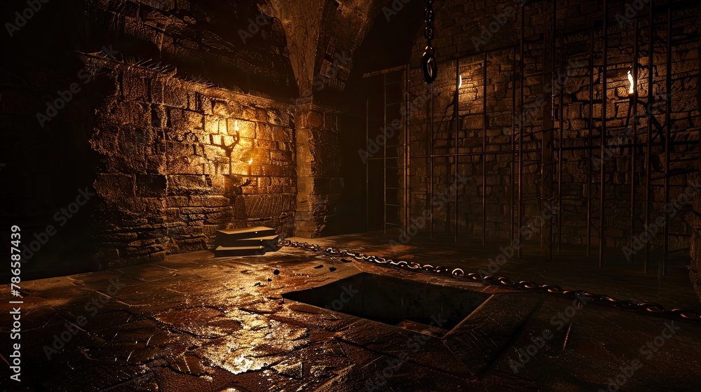 Subterranean torture chamber illuminated by flickering torch. Gloomy ...