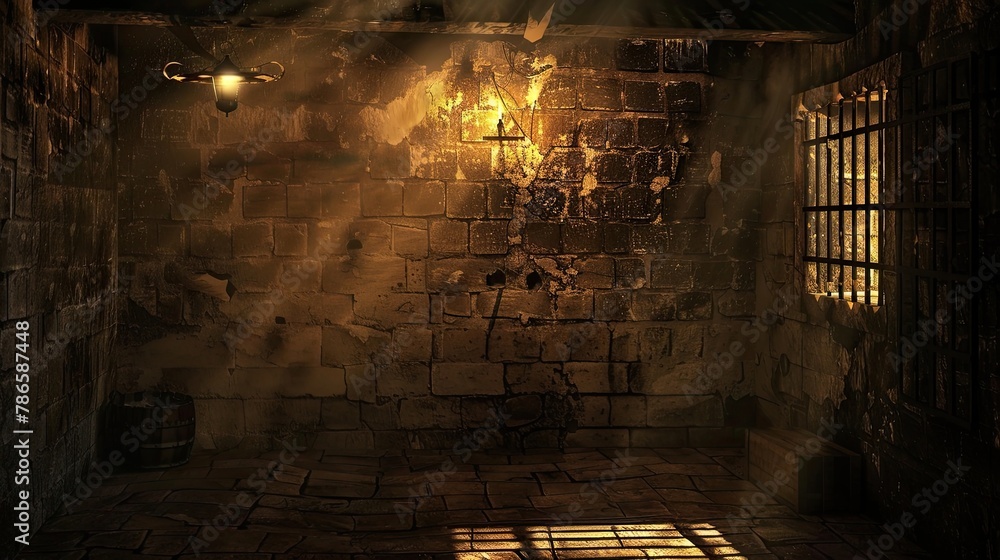 Subterranean torture chamber illuminated by flickering torch. Gloomy ...