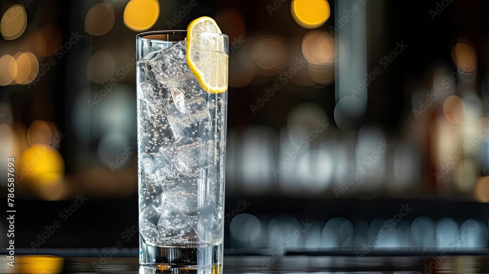 Sparkling vodka tonic served in a tall glass with ice and a lemon ...