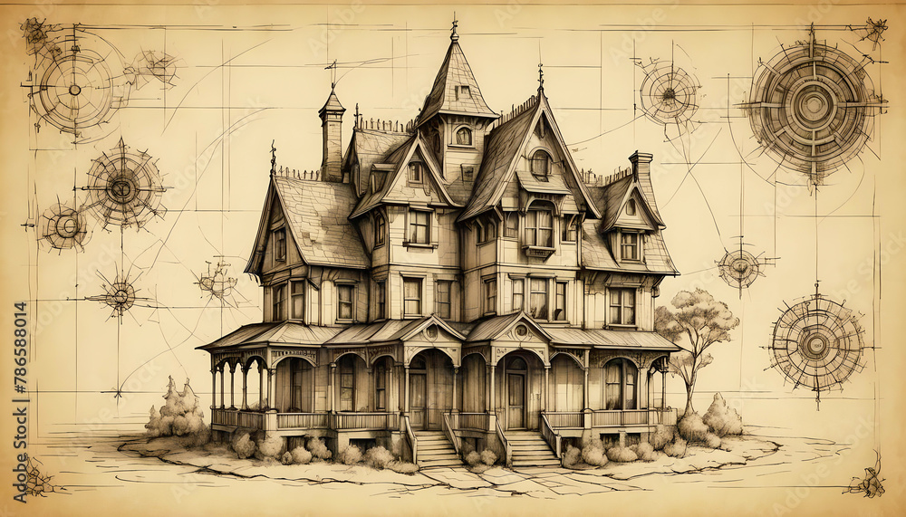 simple pencil sketch architects plan construction drawing blueprint of ...