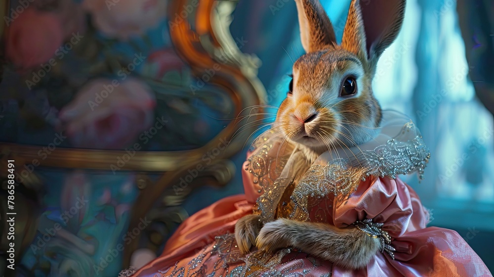Rabbit in a princess costume, high lady, medieval theme, short fur ...