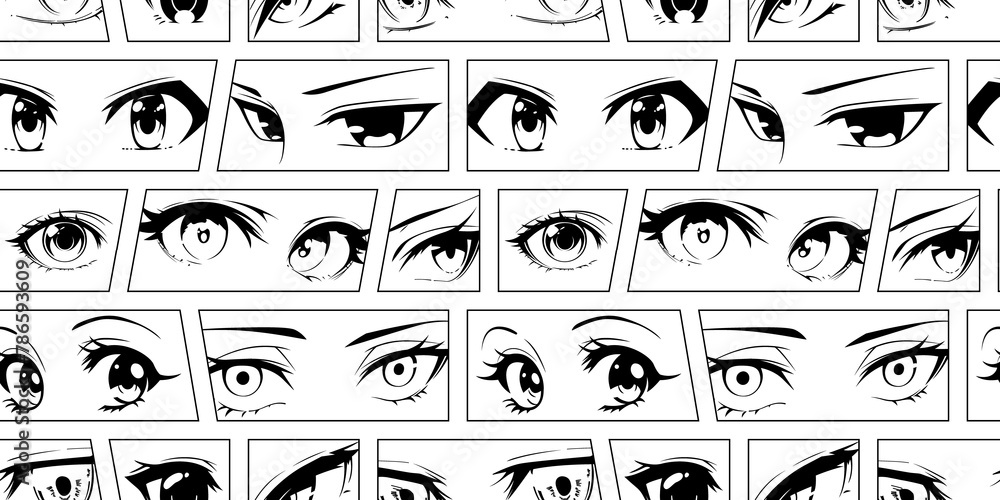 Japanese anime eye seamless pattern illustration. Black and white manga ...