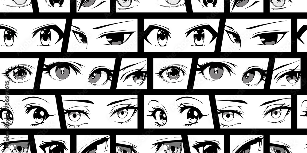 Japanese anime eye seamless pattern illustration. Black and white manga ...