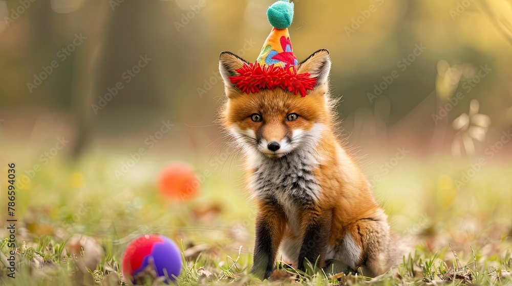 Fox dressed in clown costume, zoo mascot, close-up. The fox smiles, she ...