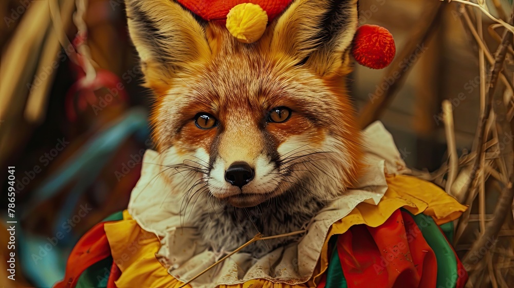 Fox dressed in clown costume, zoo mascot, close-up. The fox smiles, she ...