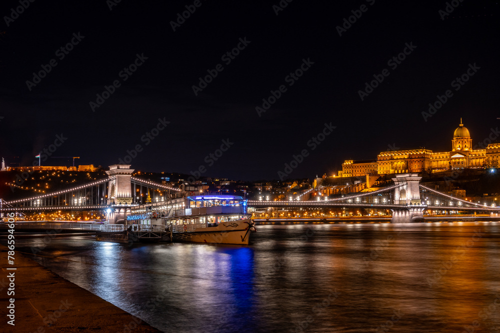 Night photo of Budapest city waterfront with Castle Hill and famous ...