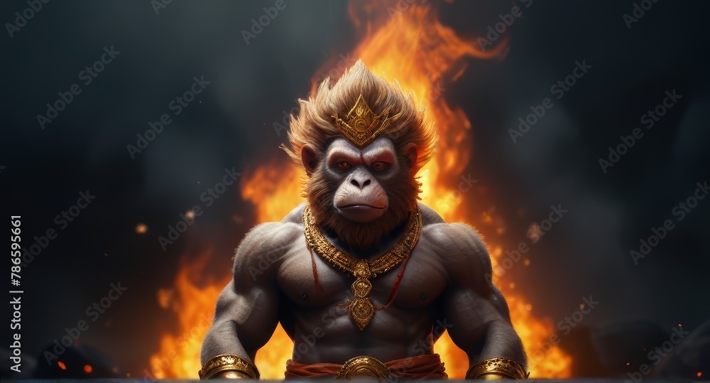 bodybuilder monkey king hanuman with golden round heavy metal mace ...