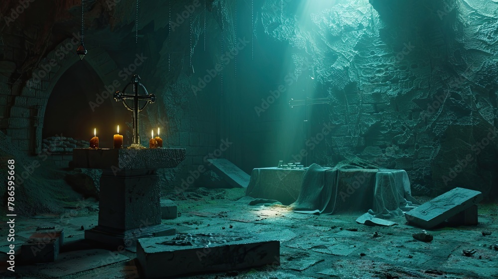 Sinister sacrificial altar in the depths of an ancient dungeon. Ruins ...