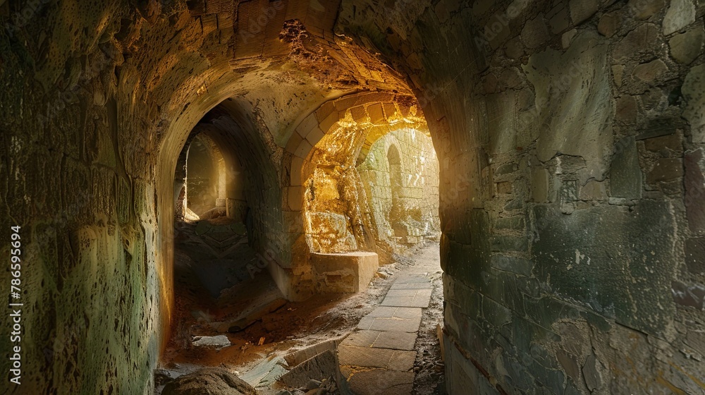 Secret underground passage leading to the heart of a medieval castle. Gloomy place, ghosts, dust ...