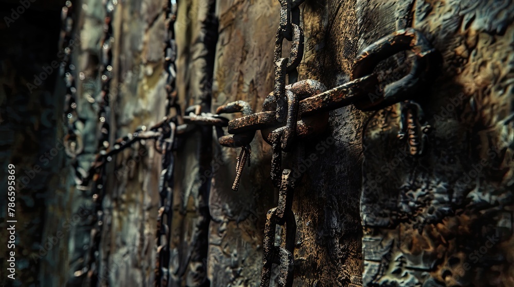 Rusty iron shackles hanging from the walls of a medieval prison ...