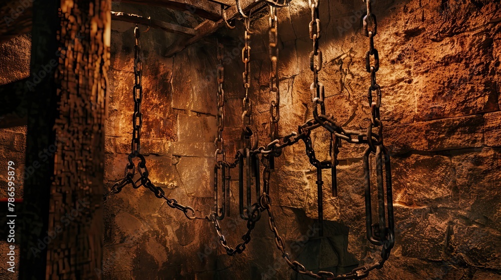 Rusty iron shackles hanging from the walls of a medieval prison ...