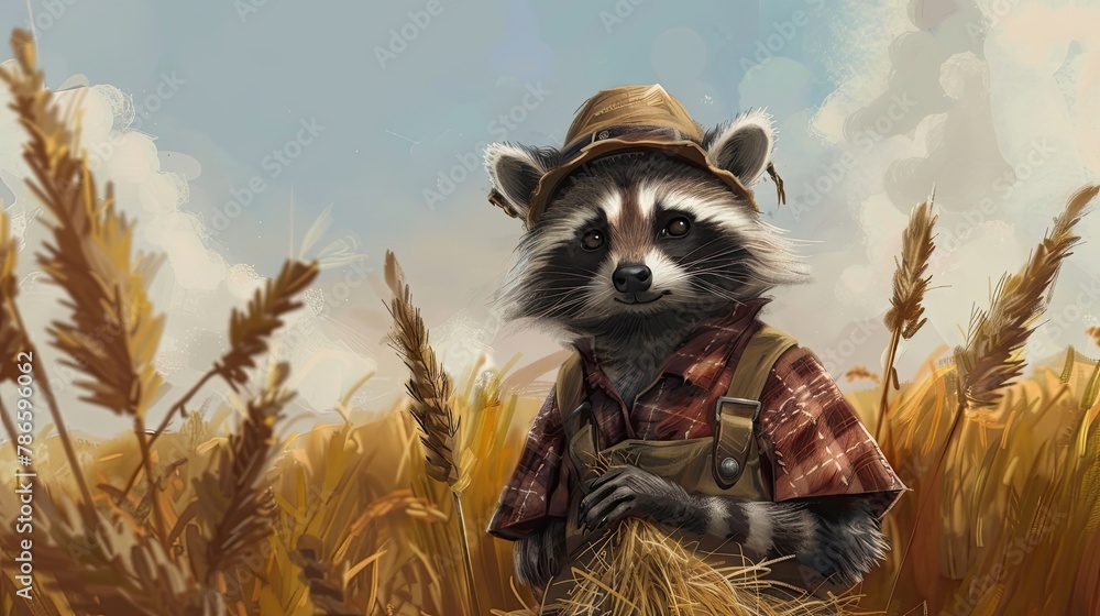 Raccoon in farmer costume, wild west theme, western aesthetics, short ...