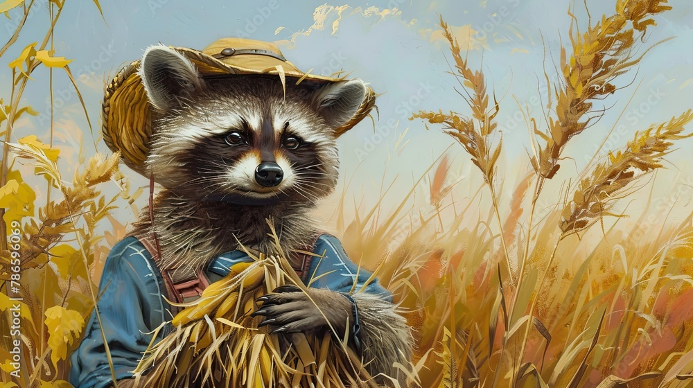 Raccoon in farmer costume, wild west theme, western aesthetics, short ...