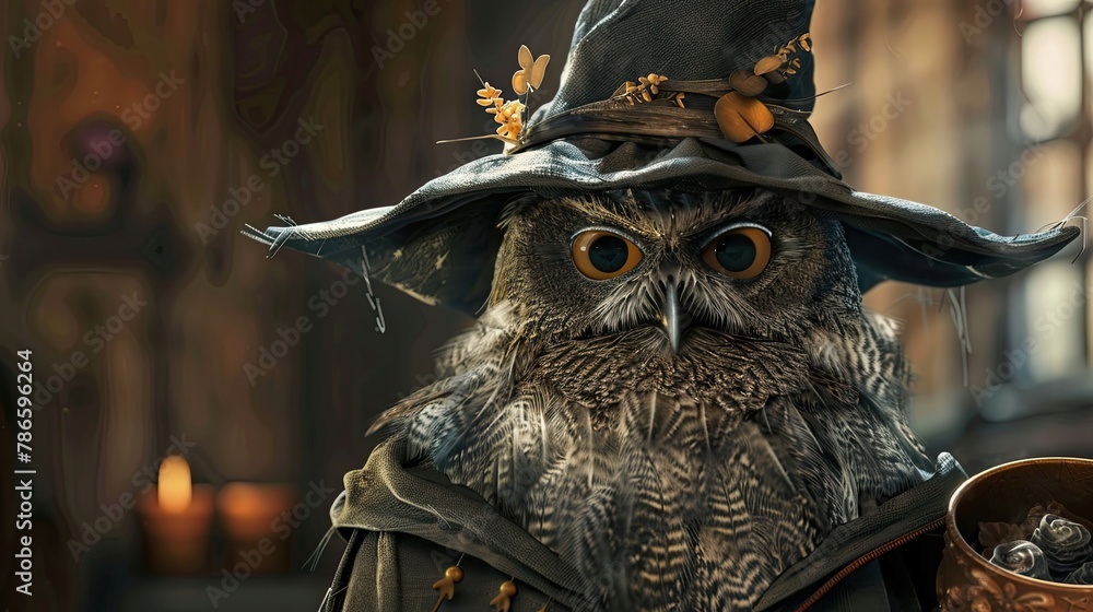 Owl in a wizard costume, sorcerer, medieval theme, feathered, bird ...